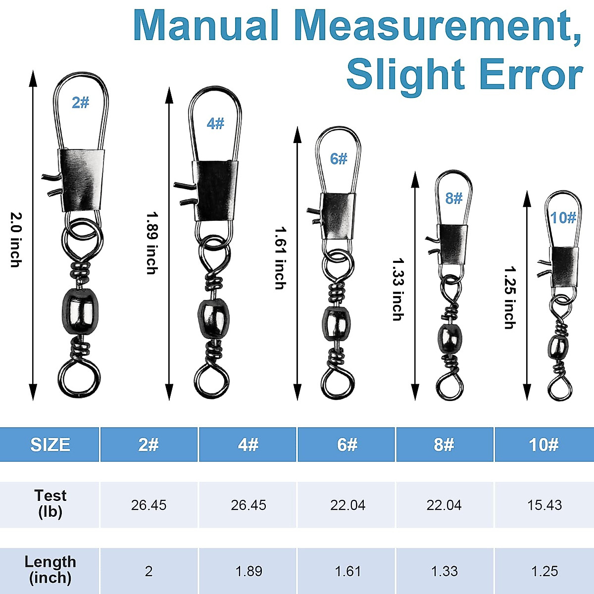 ReeMoo 200PCS Fishing Rolling Ball Bearing Barrel Swivel with Safety Snap Connector Fishing Accessories #2#4#6#8#10