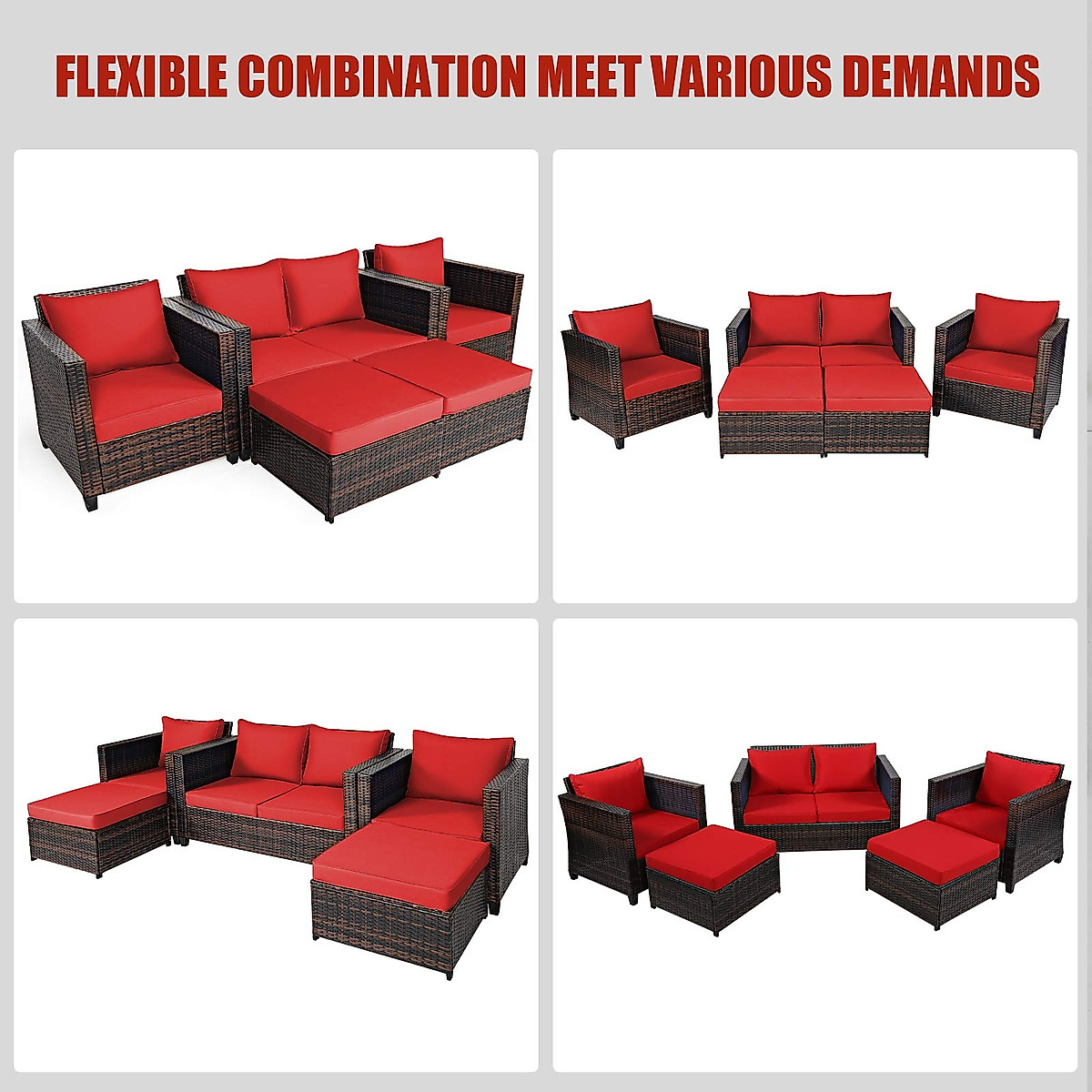 Tangkula 5 Pieces Patio Furniture Set, Outdoor Rattan Sofa Set w/Removable Cushions, Wicker Loveseat w/Single Sofa and Ottoman, Sectional Sofa Conversation Set for Backyard, Garden, Poolside (Red)