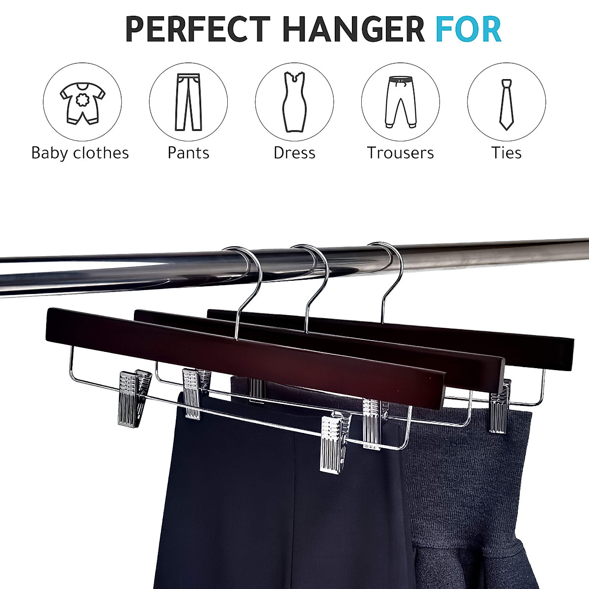 Quality Hangers Wooden Pants Hangers - 20-Pack Swivel Hook Cloth Hanger Set - Lotus Wood Skirt, Pant, Shorts and Slack Hangers with Adjustable Clip – Mahogany Clothing Hanger (Mahogany, 20)