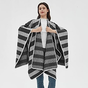 PuTian Merino Wool Shawl and Wrap Scarf for Women - Thick Warm Washable Wearable Blanket Heavyweight Pashmina Poncho Cape for Fall Winter Cold Weather, Stripe Gray