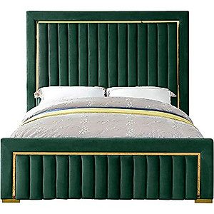 Meridian Furniture Dolce Collection Modern | Contemporary Velvet Upholstered Bed with Luxurious Channel Tufting and Gold Metal Trim/Legs, Queen, Green