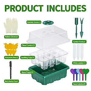 15 Packs Seed Starter Tray Kit, 180 Cells Total Tray, Seedling Starting Trays with Humidity Dome, Base Mini Greenhouse Kit for Seeds Growing Starting