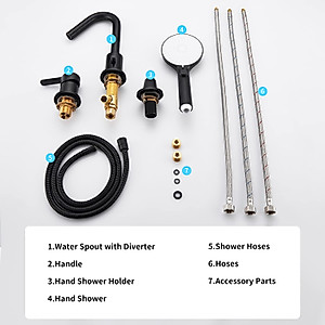 CREA Roman Tub Faucet Black, Tub Faucet Bathtub Bath Faucet Set 3-Hole with Hand Shower Tub Spout Diverter Deck-Mount Pull Out Bathroom Tub Faucet