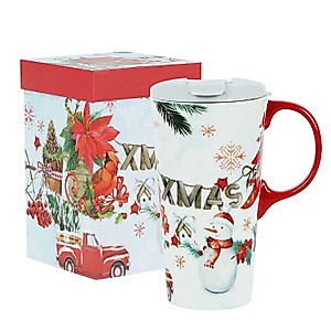 Coffee Ceramic Mug Xmas Mug Porcelain Latte Tea Cup With Lid in Box 17oz.,Christmas Truck Mug