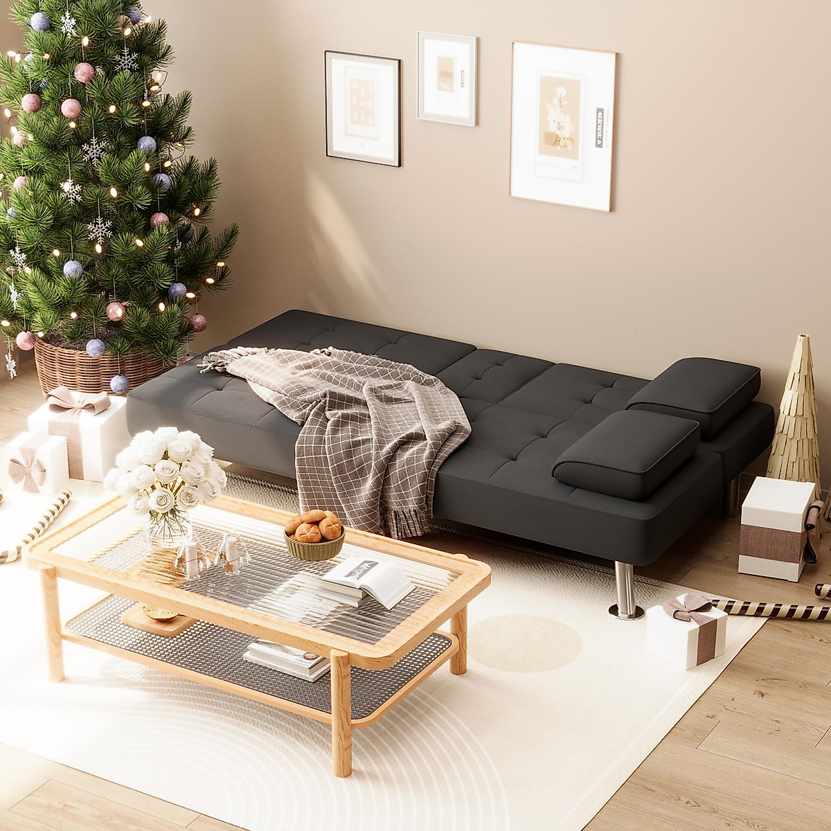 Shahoo Modern Linen Upholstered Convertible Folding Futon Sofa Bed with Removable Armrests, Metal Legs, 2 Cup Holders for Living Room, Black