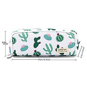 MAMUNU Big Capacity Pencil Pen Case, 3 Compartments Large Storage Canvas Pencil Pouch with Zipper, Green Cactus Design Aesthetic Pencil Pouch For Office School