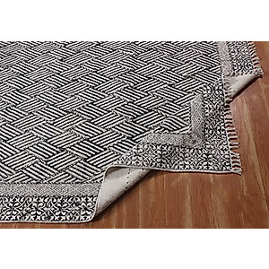 Casavani Handmade Area Rugs Hand Block Printed Cotton Dhurrie Gray, Black Boho Kilim Flat Weave Rug Indoor Bedroom Decor Rugs for Laundry Kitchen Bathroom 4x20 Feet Runner (120x600 cm)