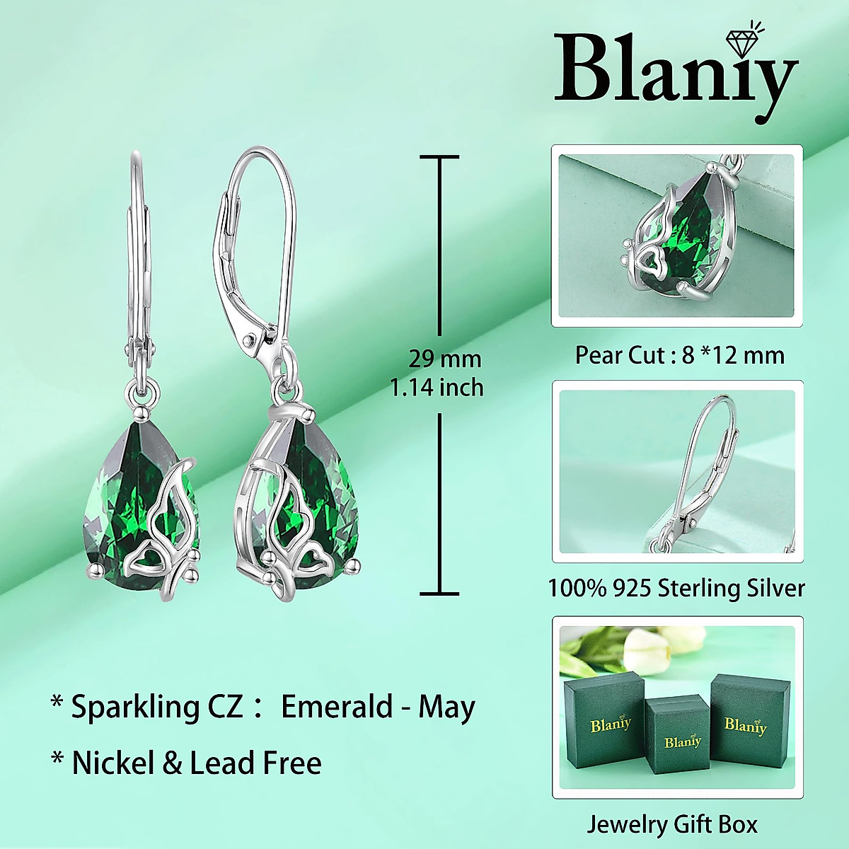 Blaniy Teardrop Dangle Drop Earrings for Women 925 Sterling Silver Emerald May Birthstone Earrings Butterfly Leverback Earrings Jewelry Gifts for Mom Wife Her