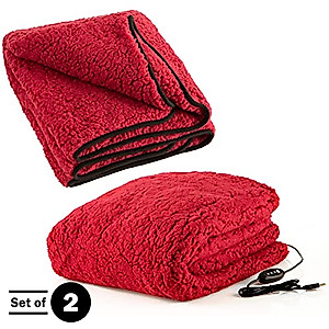 Stalwart Heated Blanket 2-Pack - USB-Powered Sherpa Throw Blankets for Travel, Home, Office, or Camping - Winter Car Accessories (Red Wine)