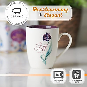 Christian Art Gifts Ceramic Scripture Coffee Mug for Women 12 oz Purple Tulip Inspirational Bible Verse Mug - Be Still and Know - Psalm 46:10 Microwave and Dishwasher Safe Comforting Coffe Mug