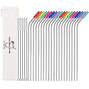 MUTNITT Set of 20 10.5" Reusable Stainless Steel Straws Bent Reusable Straws with 20 Silicone Tips 5 Cleaning Brush 1 Travel Case Eco Friendly Extra Long Metal Straws Drinking for 20 24 30 oz Tumbler