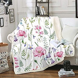Pink Poppy Sherpa Blanket Poppy Floral Fleece Throw Blanket for Sofa Couch Bed Botanical Floral Printed Plush Blanket Ultra Soft Decor Colorful Wild Flowers Fuzzy Blanket Twin 60x80 Inch
