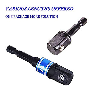 Impact Grade Power Drill Socket Adapter Sets 6 PCS, 50mm-73mm Long Impact Socket To Drill Adapter Set 1/4” 3/8” 1/2” Hex Shank Impact Driver Bit Set Socket Holder, Black Drill Bit Attachments -BCS6