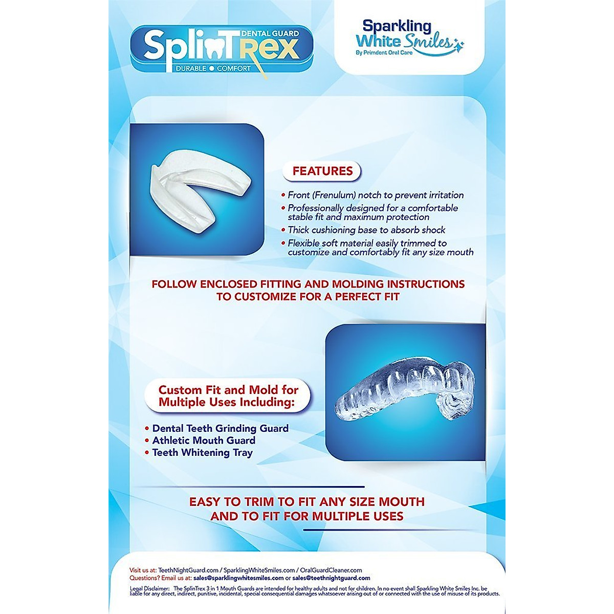 SplinTrex Multi Use Teeth Mouth Guards - 4 Pack - BPA Free - Teeth Grinding Dental Night Guard, Athletic Mouth Guard, Teeth Whitening Tray - Includes 4 Customizable Mouth Guards and Storage Case