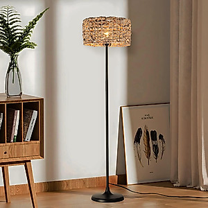 Zompoo Bamboo Rattan Floor Lamp for Living Room, Boho Hand-Worked Woven Cylinder Lampshade Standing Lamp with Foot Switch, Industrial Black Tall Floor Light Decoration for Bedroom, Farmhouse