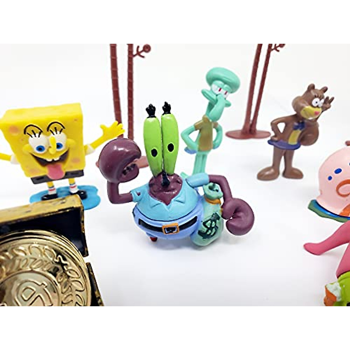 Birthday Celebrations Spongebob Squarepants 2" Figure Play Set of 14 Featuring Squidward, Sandy Cheeks, Patrick Star, Mr. Krabs, Plankten with Palm Trees, Treasure Chest and More (Unique Design)