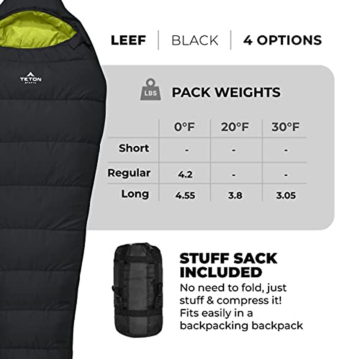 TETON Sports LEEF Ultralight Mummy Sleeping Bag Perfect for Backpacking, Hiking, and Camping; 3-4 Season Mummy Bag; Free Stuff Sack Included