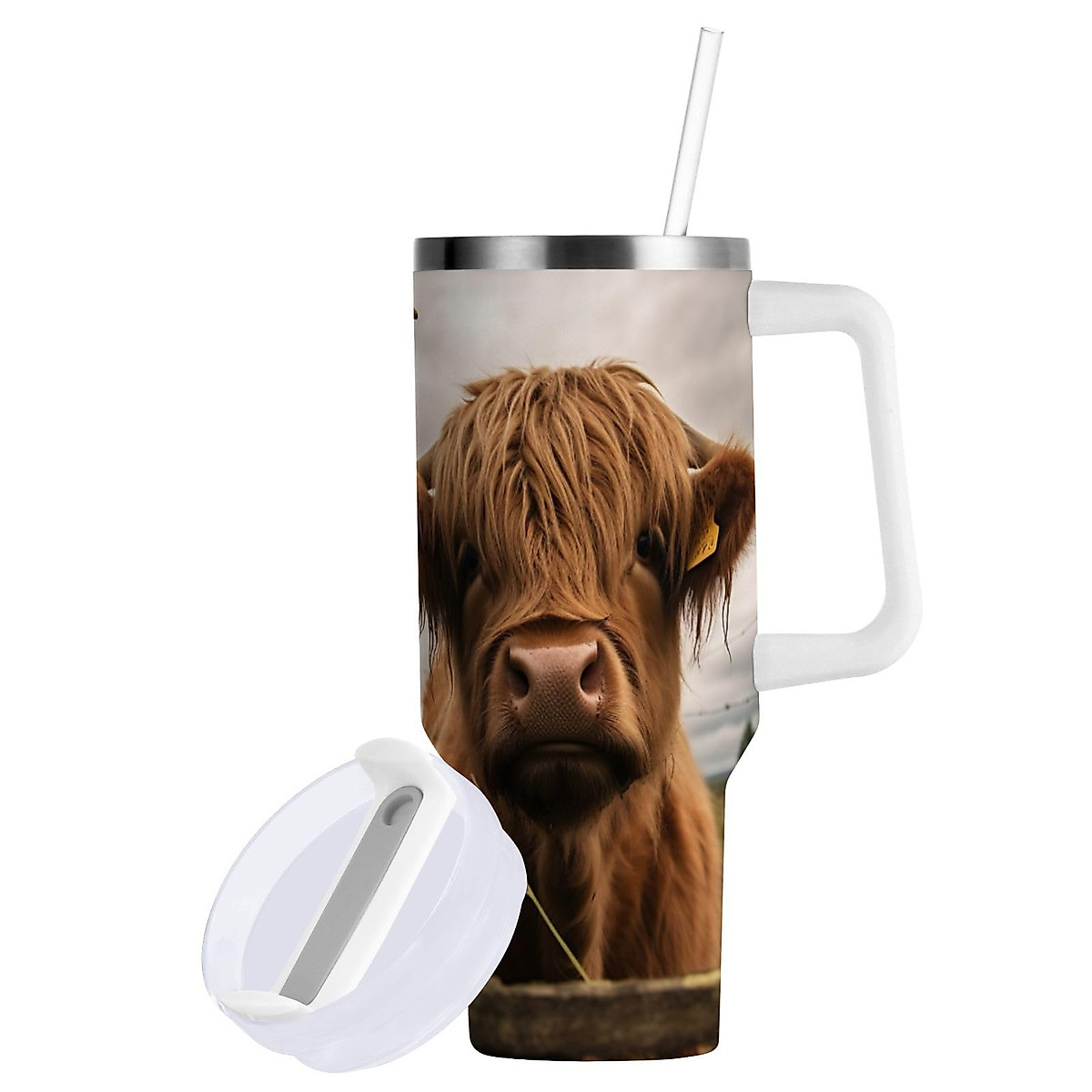 Jihqo Scottish Highland Cattle Cows 40 oz Stainless Steel Vacuum Insulated Tumbler with Handle and Straw Lid, Leakproof Water Bottle Double Wall Travel Mug Coffee Cup, Cupholder Friendly
