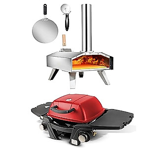 Kukoofyer 12" Outdoor Pizza Oven Kit, Red Portable Propane Gas Grill with 2-Burner