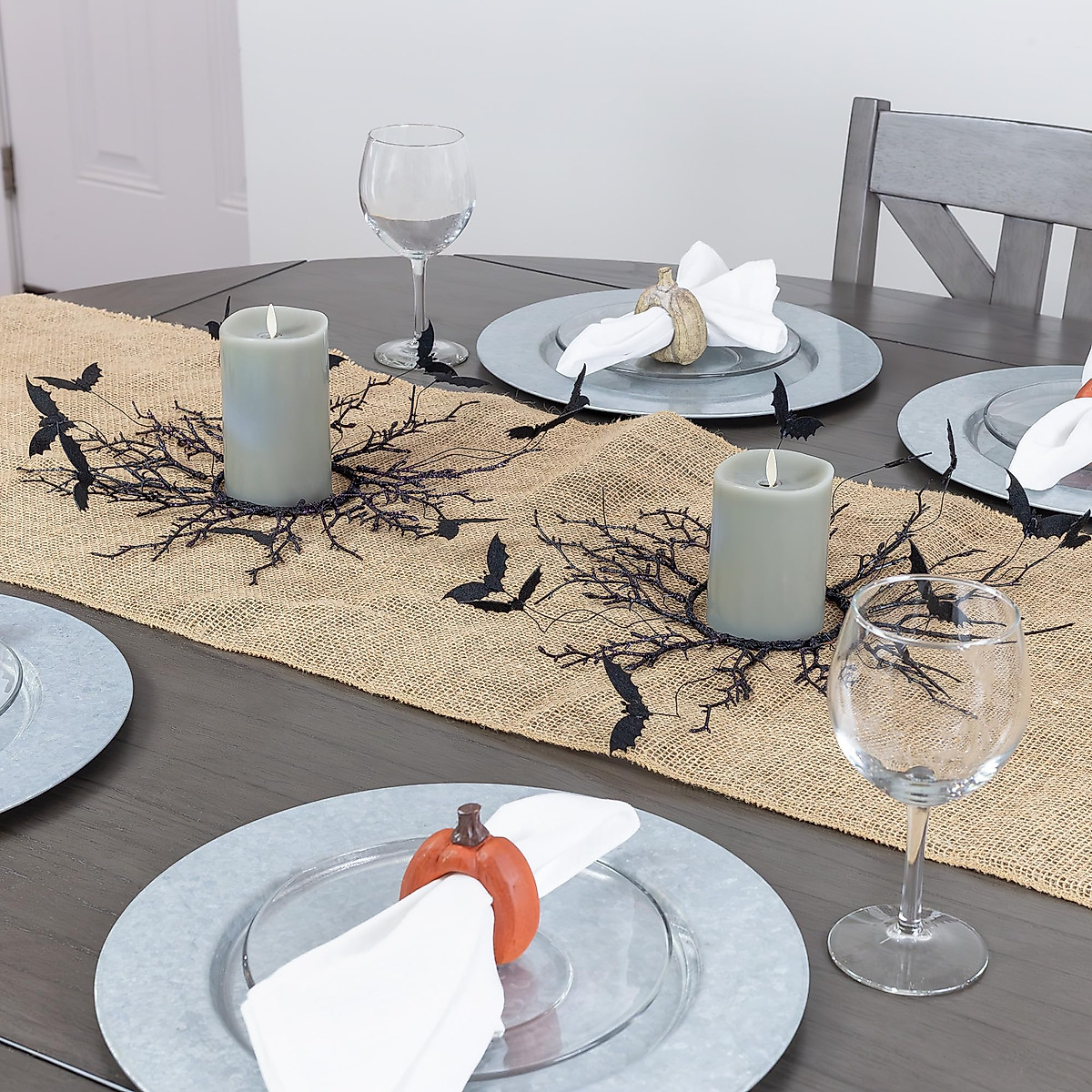 AuldHome Design Halloween Bat Candle Wreaths (2-Pack); Spooky Flying Bat Candle Rings Fall and Party Decor