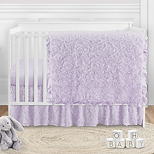 Sweet Jojo Designs Purple Floral Rose Baby Girl Nursery Crib Bedding Set - 4 Pieces - Solid Light Lavender Flower Luxurious Elegant Princess Vintage Boho Shabby Chic Luxury Glam High End Ruffle Roses