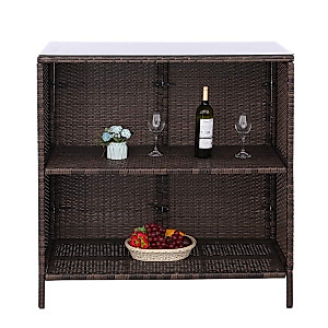 Polar Aurora 3PCS Patio Bar Set with Stools and Glass Top Table Patio Wicker Outdoor Furniture with Blue Removable Cushions for Backyards, Porches, Gardens or Poolside