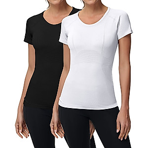 2 Pieces Women Long Sleeve Workout Shirt Seamless Workout Shirts with Thumb Holes Fitted Top Sports Yoga Athletic Shirt Top (Short Sleeve White, Black, X-Small)