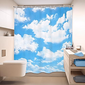 LIGHTINHOME Blue Sky Backdrop Cloud Shower Curtain 72x72 Inch Nature Landscape Scenery Waterproof Fabric Polyester Bathroom Bathtub Decoration 12 Pack Plastic Hooks