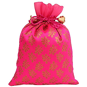 Touchstone Gorgeous Gift Wrapping bags reusable environment friendly Large Drawstring Mimosa Leaf Pattern Brocade for birthdays, wedding, return present packing set. pack of 9. 9x7 inches