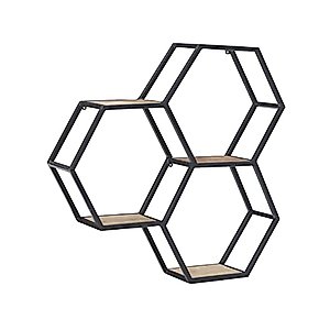 Powell Dealya Black Metal Honeycomb Wall Shelves with Wood Bottoms