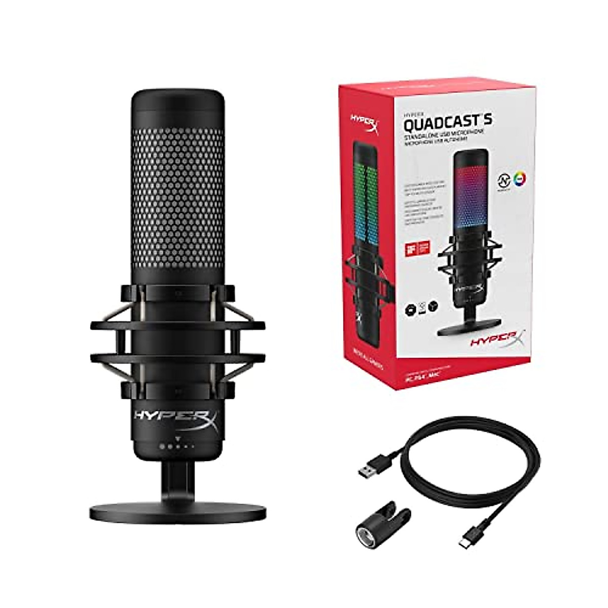 HyperX QuadCast S RGB USB Condenser Microphone for PC, PS4 and Mac, Anti-Vibration Shock Mount, Four Polar Patterns, Pop Filter, Gain Control, Gaming, Streaming, Podcasts (Renewed)