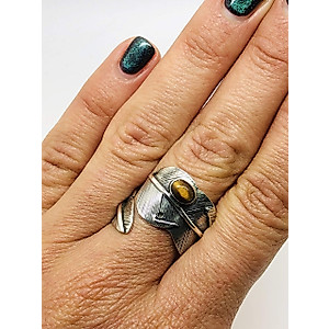 Koral Jewelry Tiger Eye Adjustable Tribal Feather Ring 925 Sterling Silver Gipsy Boho Chic (8)