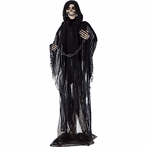 Haunted Hill Farm Life-Size Animated Grim Reaper Prop w/Chain and Rotating Head for Indoor or Outdoor Halloween Decoration, Battery-Operated