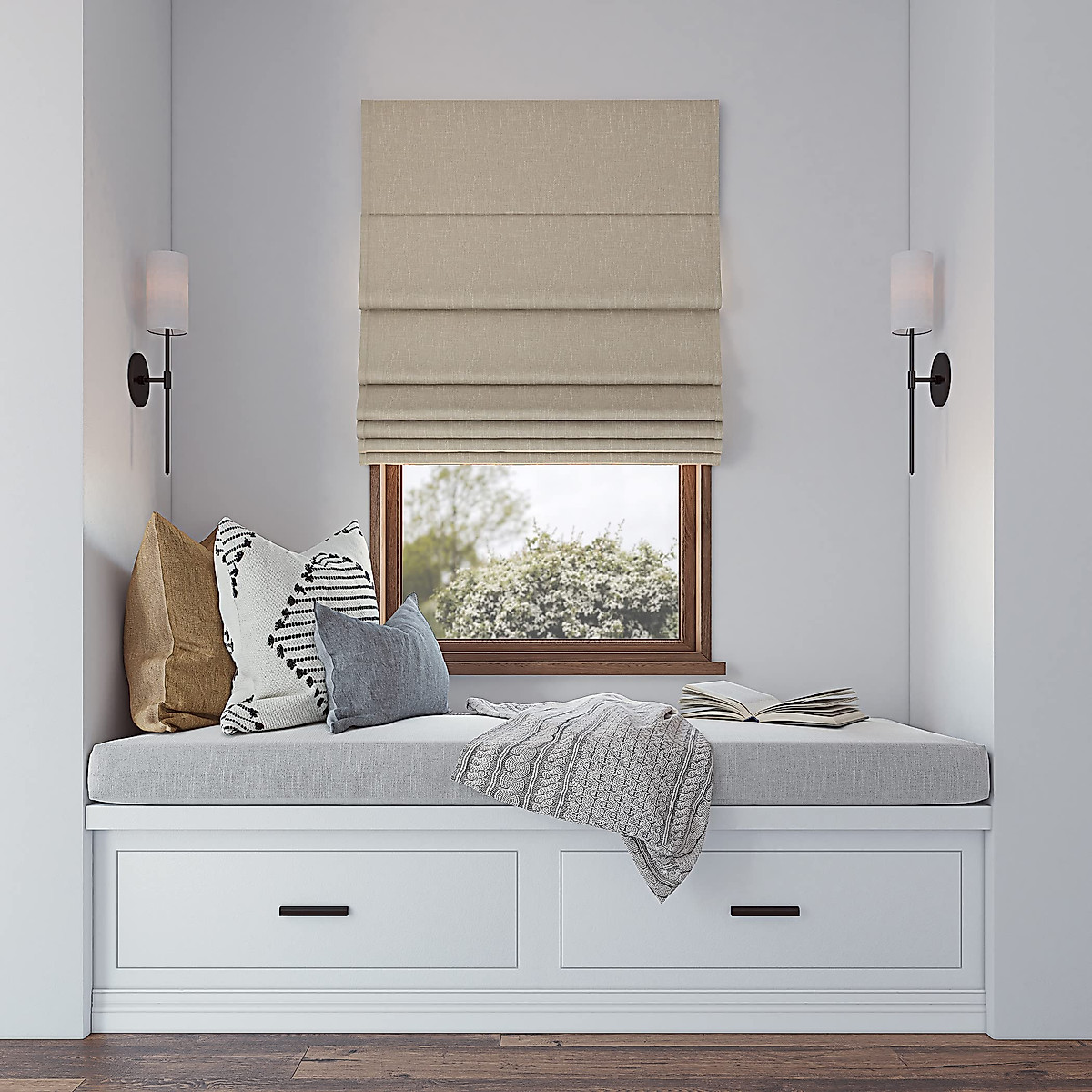 Sun Zero Preble Textured Total Blackout Cordless Roman Shade, 35" x 64", Beige