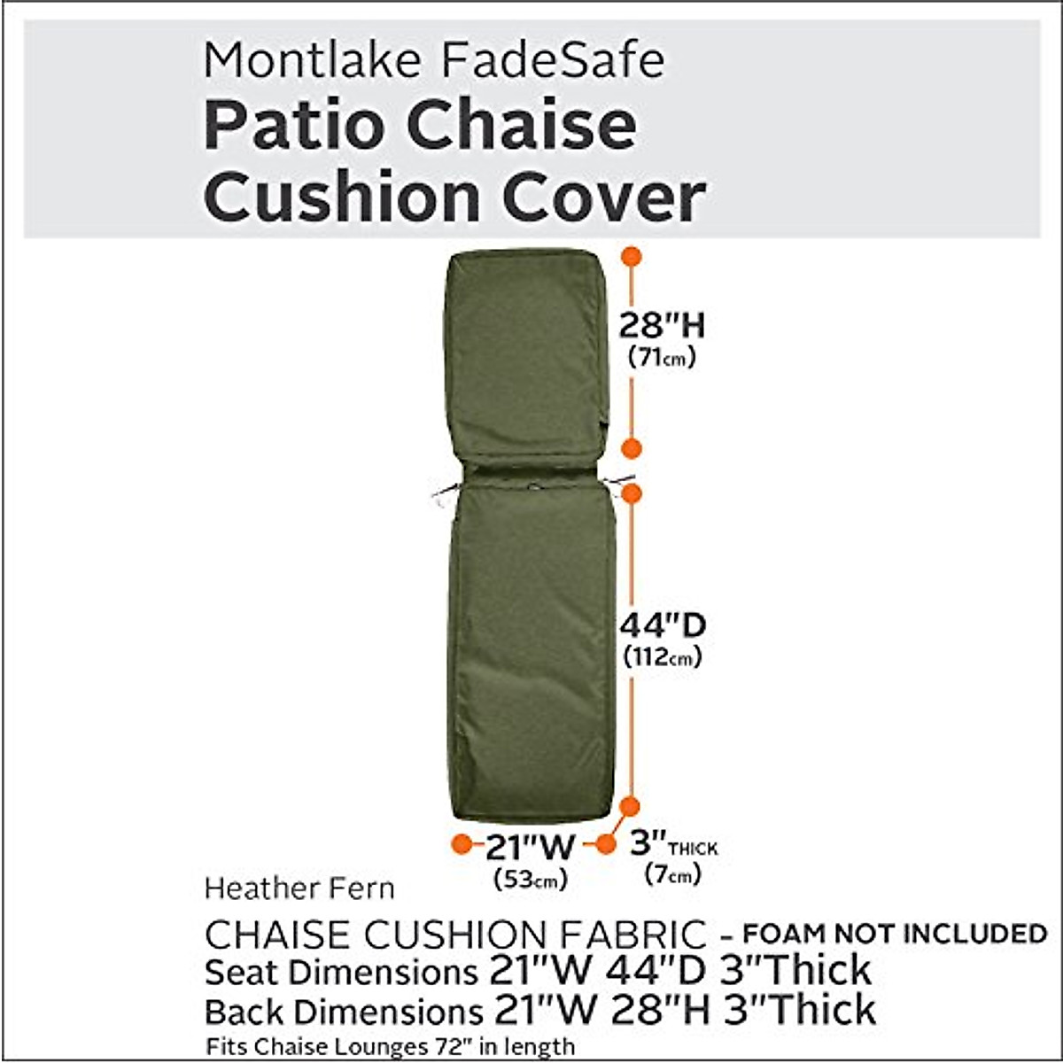 Classic Accessories Montlake FadeSafe Water-Resistant 72 x 21 x 3 Inch Outdoor Chaise Lounge Cushion Slip Cover, Patio Furniture Cushion Cover, Heather Fern Green, Patio Furniture Cushion Covers