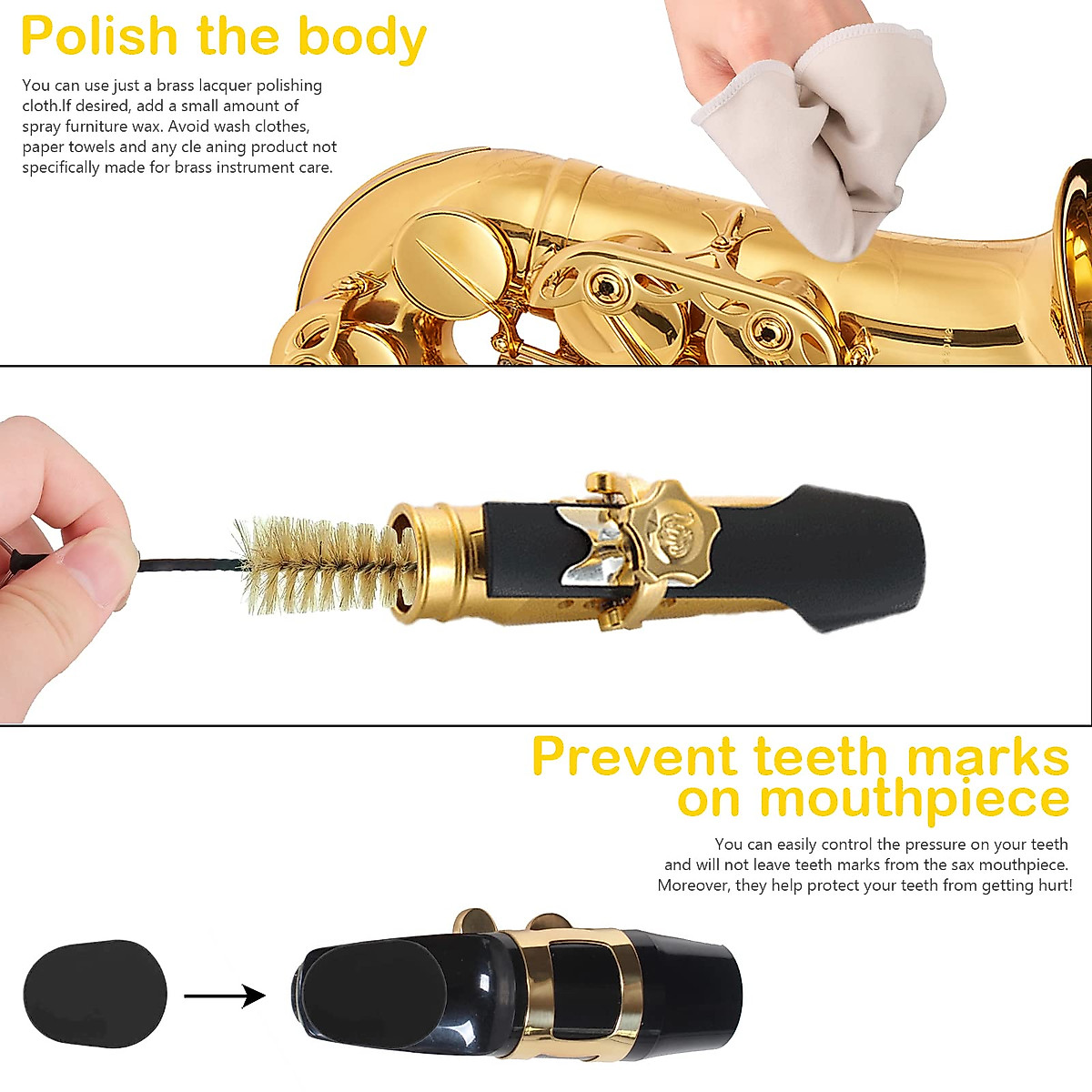 Saxophone Cleaning Kits with Case for Saxophone and Clarinet Flute Trumpet Instruments,8PCS Saxophone Mouthpiece Cushion,Mouthpiece Brush Microfiber Cleaning Cloth（Beige）