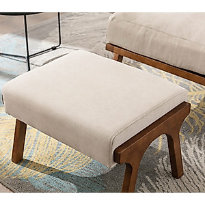 Wahson Mid Century Arm Chair and Ottoman Set, Upholstered Accent Armchair with Wood Frame and Canvas Cushions, Leisure Slipper Chair for Living Room/Bedroom, Beige