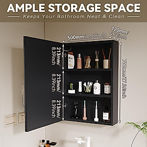 AOOCOW Bathroom Medicine Cabinet with Lights, 20 x 28 Inches LED Mirror Medicine Cabinet, Defogger,3-Color Temp, Black Aluminum Lighted Medicine Cabinet, Surface Mount