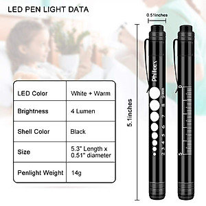 Pen Light, Phileex Medical Pen Light Nurse Pen Lights with Pupil Gauge for Nurses Nursing Students Doctors 2pcs Black with Batteries