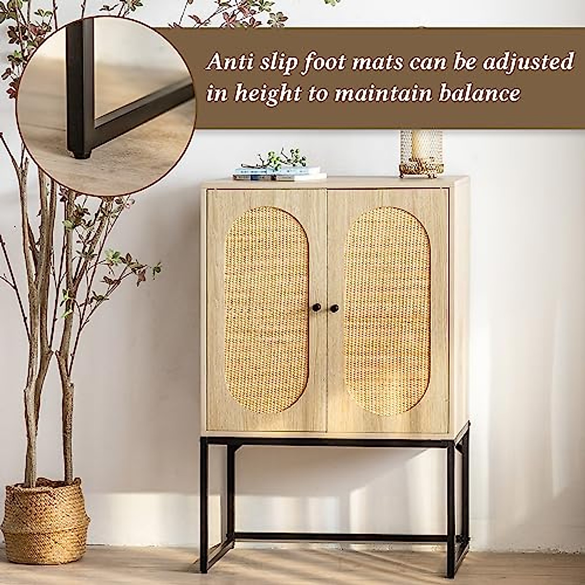 MATICO Rattan Pantry Storage Cabinet, 41.3"(H), Tall Pantry Locker, Kitchen Console Sideboard, Accent Buffet Cabinet, Display Bookcase with Rattan Door, Organizer Cupboard for Living Room, Burlywood