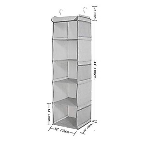 BrilliantJo 5 Shelves Hanging Closet Organizer, 2 Pack Hanging Storage with 6 Side Pockets for Clothes Bags, 43"x12"x12"(Light Gray)