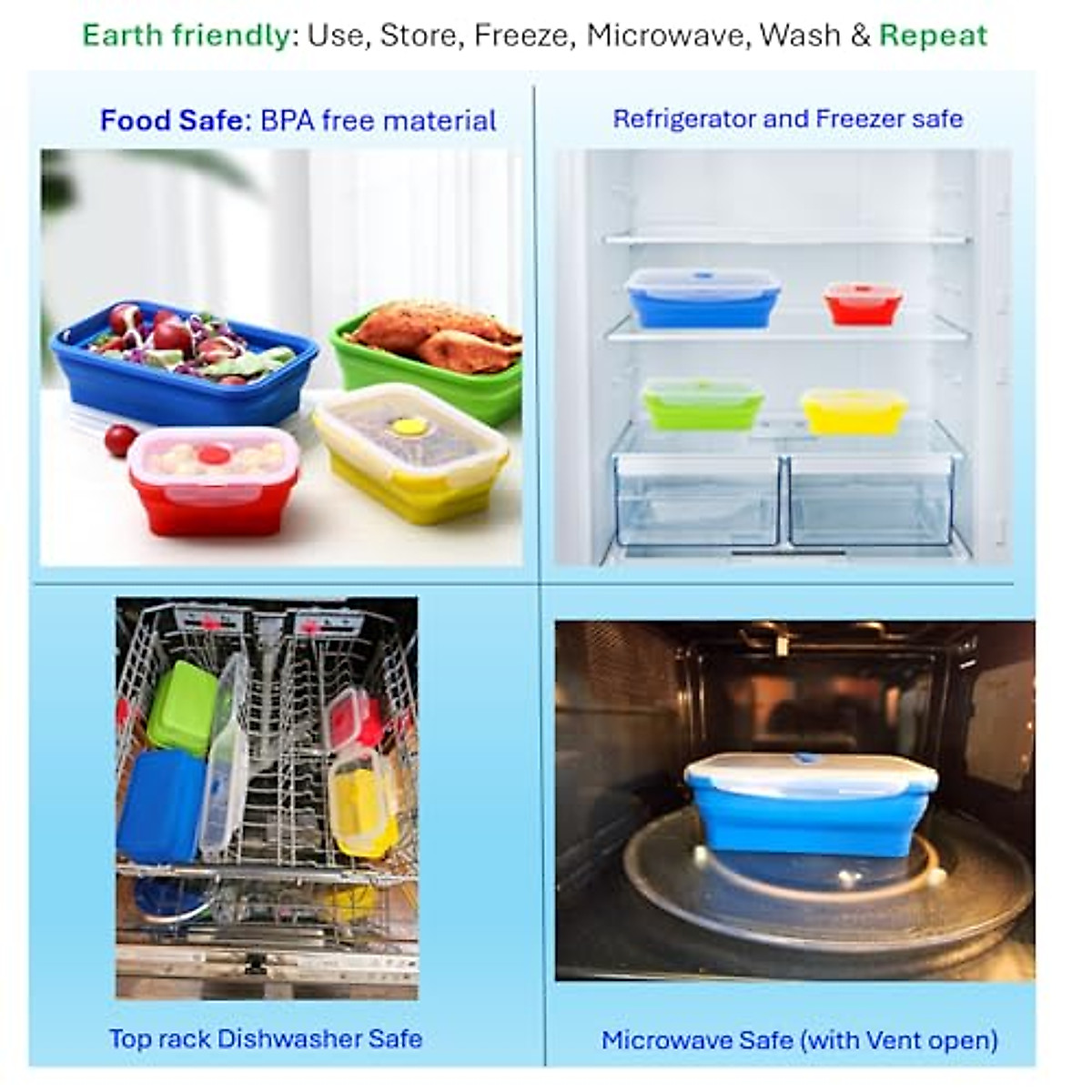 4-Pack Collapsible Food Storage Containers with Lids (Mixed Sizes): Perfect for meal prep, microwave, freezer, and dishwasher safe. Plus, BPA-free and feature snap-top lids for easy sealing.