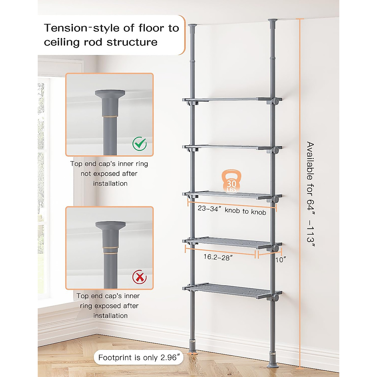 ALLZONE 5-Tier Narrow Bookshelf, Adjustable Width and Height, Tall Ladder Book Shelf with Open Storage,Floor to Ceiling Tension Mount Industrial Bookcase for Living Room,64 to 113Inch Height,Dark Grey