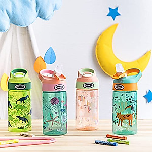 Zak Designs 16oz Riverside Kids Water Bottle with Spout Cover and Built-in Carrying Loop, Made of Durable Plastic, Leak-Proof Water Bottle Design for Travel (Unicorn & Dino Camo, Pack of 2)