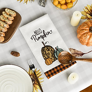 Artoid Mode Black White Buffalo Plaid Hello Pumpkin Fall Kitchen Towels Dish Towels, 18x26 Inch Seasonal Decoration Hand Towels Set of 2
