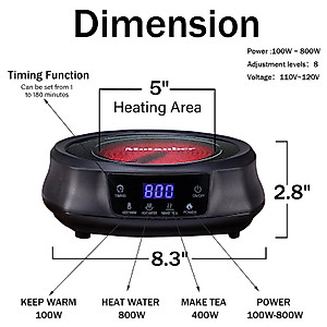 Mini Electric Stove 800W, Boil Tea,Ceramic Glass Cooktop with 8 Adjustable Power Levels, Intelligent Auto-Off Feature,Countertop Burners,For Tea Enthusiasts,Tea party (Black)