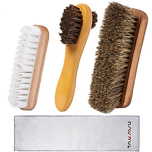 TAKAVU Shoe Shine Brushes Kit (4PCS) - 100% Soft Horsehair Bristles Brush, Polish Applicator, Crepe Suede Shoes Brush, Microfiber Buffing Cloth for Shoes, Leather, Boot, Cloth, Bag
