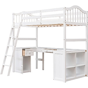 Harper & Bright Designs Twin Size Loft Bed with Desk, Wood Loft Bed Twin with Drawers, Cabinet, Shelves, Kids Loft Twin Bed with Desk and Storage for Girls Boys Teens,No Box Spring Needed,White