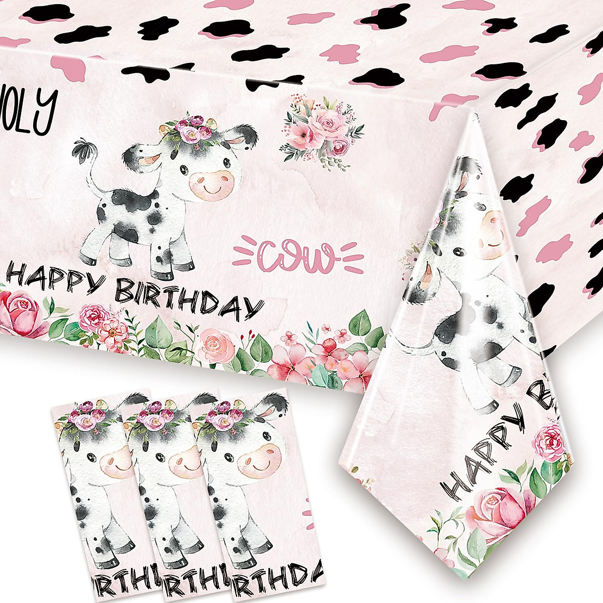 Letromp Holy Cow Birthday Party Table Cloth 3 Pack 54'' x 108'' Pink Cow Print Table Covers for Farm Animals Cow Theme Girls Baby Shower 1st 2nd 3rd 4th Birthday Party Table Supplies Decorations
