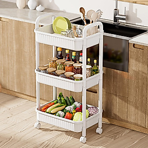 3 Tier Rolling Cart, Utility Cart with Handle and Lockable Universal Casters, Wheeled Laundry Carts, Snack Cart on Wheels, Multi-Use Storage Trolley Cart for School, Office, Living Room, Kitchen